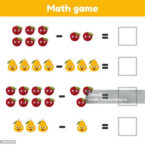 유치원 및 학령기 어린이를위한 수학 게임 정확한 숫자를 계산하고 삽입합니다 빼기 과일 0명에 대한 스톡 벡터 아트 및 기타 이미지 Istock
