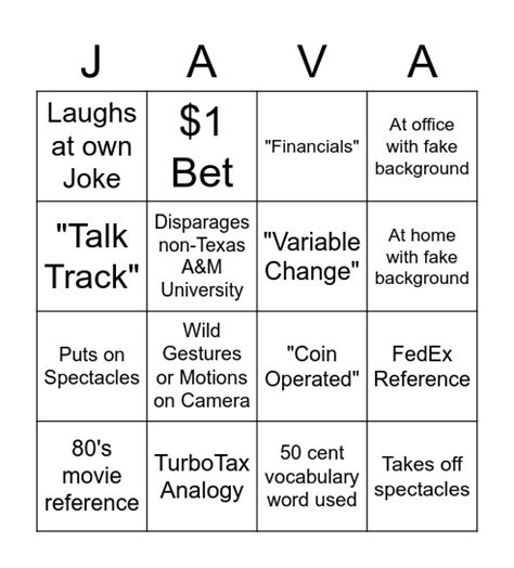 Java Video Call Bingo Card