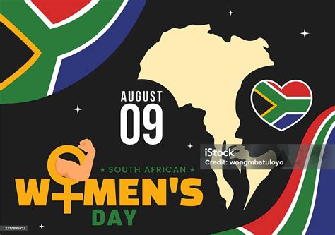 남아프리카 공화국에서 축하 벡터 일러스트 레이 션에서 행복 한 여성의 날 흑인 여성과 국경일 배경에 깃발을 흔드는 모습 International Womens Day에 대한