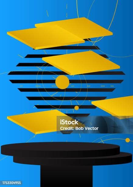 추상 노란색 파란색 및 검은색 제품 디스플레이 모형 벡터 실린더 받침대 연단 프레젠테이션을 위한 최소한의 기하학적 무대 쇼케이스