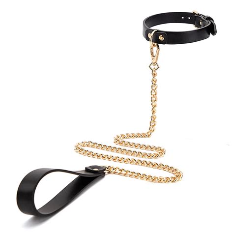 Black Leather Bondage Slave Collar With Metal Chain Adult