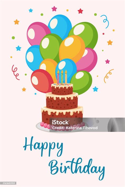 풍선과 케이크가 있는 생일 축하 카드 엽서 포스터 전단지 배너에 대 한 템플릿입니다 공휴일에 대한 스톡 벡터 아트 및 기타