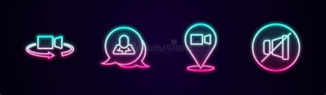 Set Line 360 Degree View Speech Bubble Chat Video Conference And Mute Microphone Glowing Neon