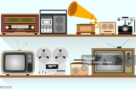 레트로 가전 제품 빈티지 기계 설정입니다 레트로 기기 선반에 있습니다 평면 디자인 일러스트 레이 션 벡터 벡터 가사 집안일에