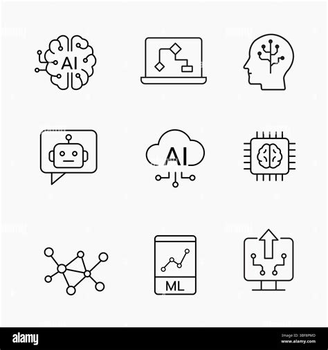 Set Of Minimalist AI Icons Showing Robotics Machine Learning Facial Recognition And Automation