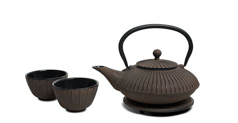 Miya Stripe 22 Ounce Cast Iron Teapot And Teacup Set W Strainer And