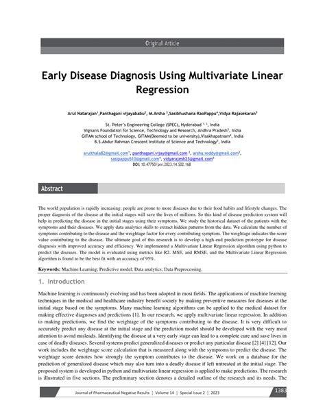 Pdf Early Disease Diagnosis Using Multivariate Linear Regression