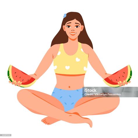 수영복을 입은 젊은 여자가 수박을 먹는다 여름 소녀 만화 벡터 그림 건강한 식생활에 대한 스톡 벡터 아트 및 기타 이미지 건강한 식생활 과일 관광 Istock