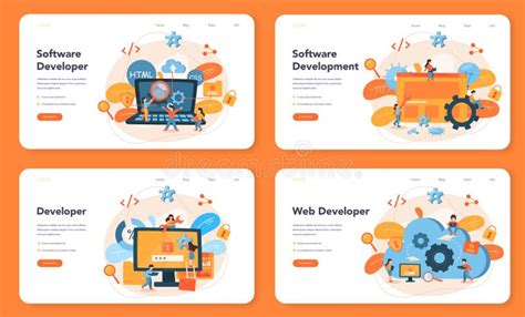 Software Developer Web Banner Or Landing Page Set Idea Of Programming Stock Vector