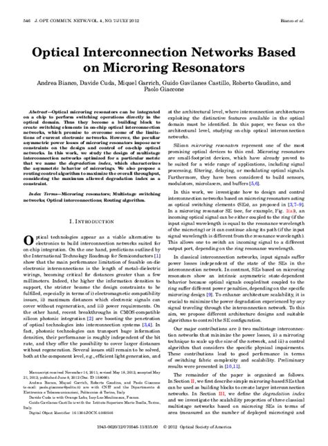Pdf Optical Interconnection Networks Based On Microring Resonators