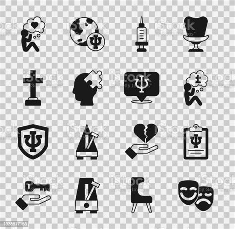 세트 코미디와 비극 마스크 심리학 Psi 남자는 장례 슬픔 약물에 중독 솔루션 문제 그레이브스 마음과 아이콘머리 벡터 Mental Wellbeing에 대한 스톡 벡터 아트