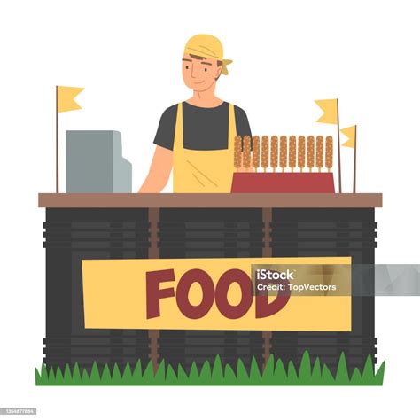 카운터 벡터 일러스트레이션에 서있는 길거리 음식 상인으로 젊은 남자 개념에 대한 스톡 벡터 아트 및 기타 이미지 개념 거리 계절 Istock