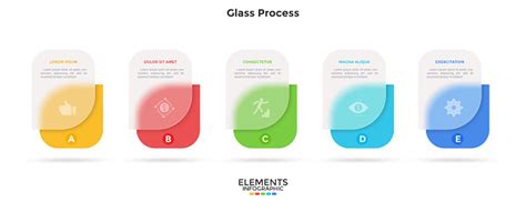 수평 행에 배치된 반투명 유리 뒤에 5개의 방울이 있는 프로세스 차트 사업 개발의 5 단계 개념 간단한 인포 그래픽 디자인 템플릿입니다 현대 평면 벡터 그림입니다 5에 대한