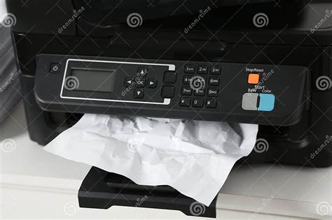Modern Printer With Crumpled Sheet Of Paper On White Table Closeup Stock Image Image Of Paper