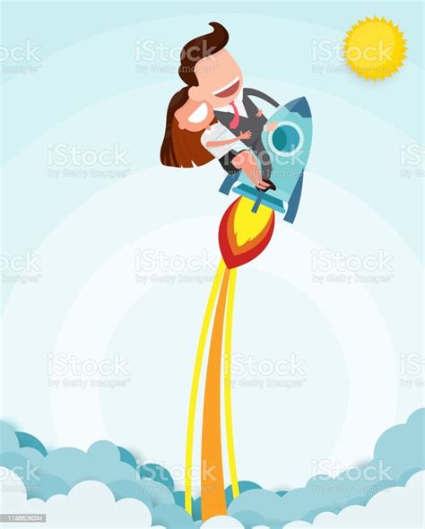 사업가와 여성은 클라우드 비즈니스 시작 개념을 통해 로켓과 연기를 타고 벡터 일러스트입니다 평면 디자인입니다 날기에 대한 스톡 벡터 아트 및 기타 이미지 Istock