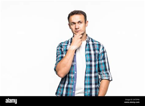 Thoughtful Man Holding Hand On Chin Pose Of Indecision Look Aside At