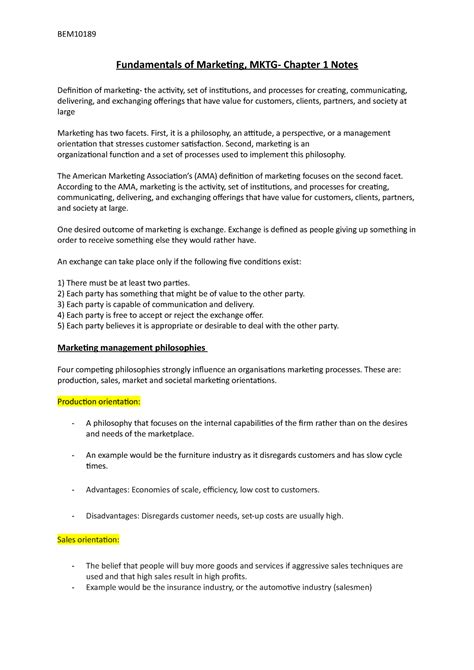Fundamentals Of Marketing Mktg Chapter 1 Notes Bem Fundamentals Of
