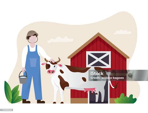 헛간에 소가 있는 농부 젖소를 착유하는 농부 녹색 초원 일러스트레이션 플랫 스타일 가정용 장비에 대한 스톡 벡터 아트 및 기타 이미지 가정용 장비 건강한 생활방식