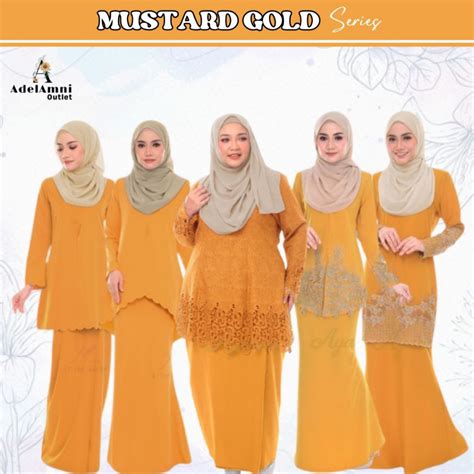 Tema Mustard Gold Baju Kurung Dewasa Plus Size Plain Lace Moden Tunang