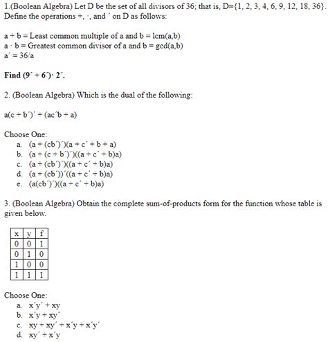 Solved 1boolean Algebra Let D Be The Set Of All Divisors