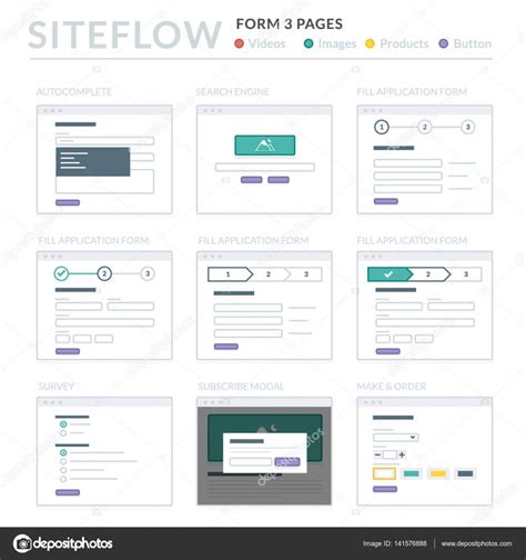 사이트 맵 및 Ux 디자인에 대 한 웹사이트 와이어 프레임 레이아웃 Ui 키트 — 스톡 벡터 © Monsterdesign 141576888