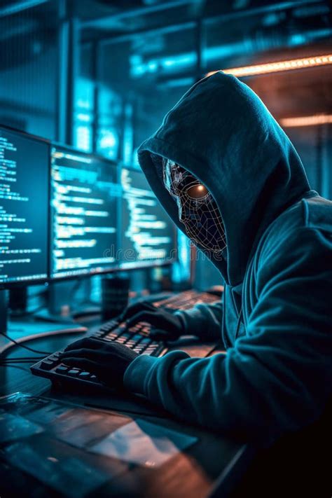 a hacker in a hood and mask steals data from a computer in a dark room cybercrime stock