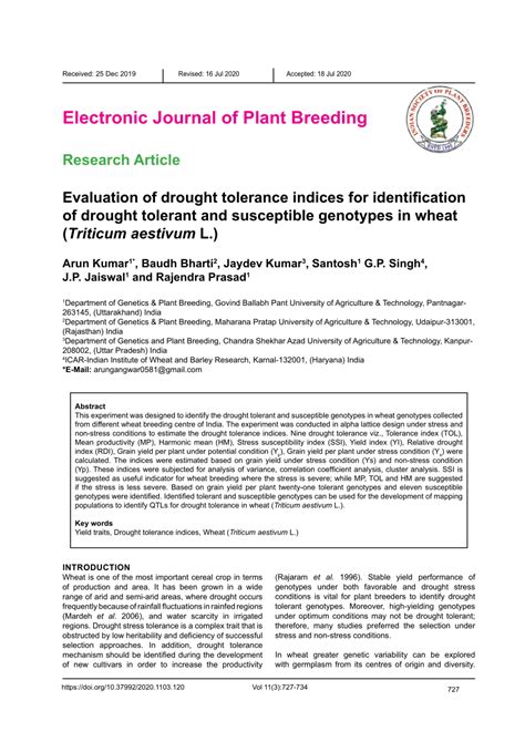 Pdf Electronic Journal Of Plant Breeding Evaluation Of Drought