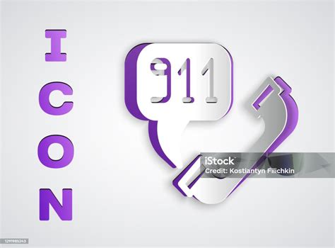 회색 배경에 격리 된 비상 전화 911 아이콘으로 용지 절단 전화 경찰 구급차 소방서 전화 전화 종이 아트 스타일 벡터 3차원 형태에 대한 스톡 벡터 아트 및 기타 이미지