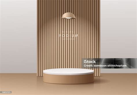 3d 현실적인 갈색 나무와 흰색 실린더 받침대 연단에 수직 나무 패턴 배경이 있습니다 모형 제품 무대 진열장 판촉 전시를 위한