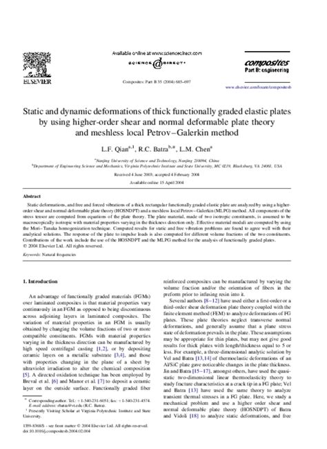 Pdf Static And Dynamic Deformations Of Thick Functionally Graded Elastic Plates By Using