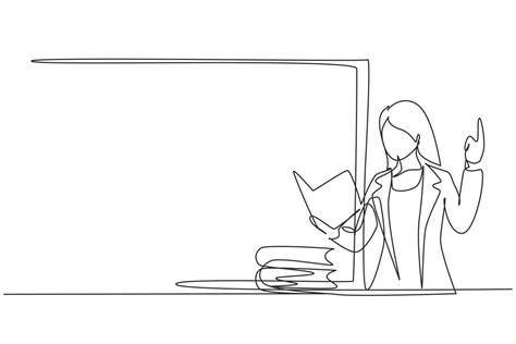 Continuous One Line Drawing Young Woman Teacher Standing In Front Of Class With Book On Her