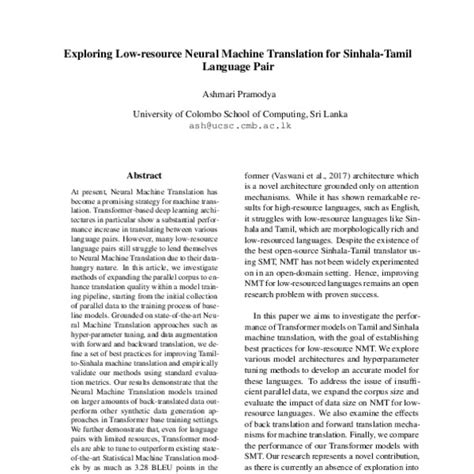 Exploring Low Resource Neural Machine Translation For Sinhala Tamil Language Pair Acl Anthology