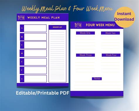 Weekly Meal Plan Four Week Menu Editable Meal Plan Weekly Meal Plan