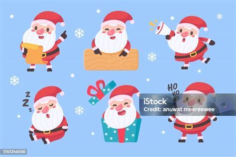 산타 클로스 흰 수염을 가진 뚱뚱한 남자 다양한 포즈로 빨간 의상을 입습니다 크리스마스에 선물을 주려면 12월에 대한 스톡 벡터 아트 및 기타 이미지 Istock