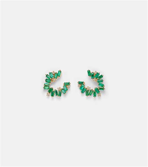 Izzy Sideway Spiral 18kt Gold Earrings With Emeralds And Diamonds In Green Suzanne Kalan