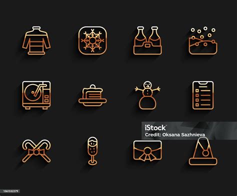 세트 라인 크리스마스 사탕 지팡이 샴페인 스웨터 엽서 산타 클로스 모자 케이크 새해 목표 목록과 눈사람 아이콘의 유리 벡터 검은색에 대한 스톡 벡터 아트 및 기타 이미지