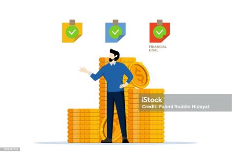 재무 관리 개념 자산 관리 재무 목표 및 목표 달성을 위한 투자 계획 사업가나 투자자가 금화 더미 옆에 서 있다 플랫 벡터 그림입니다 개념에 대한 스톡 벡터 아트 및 기타