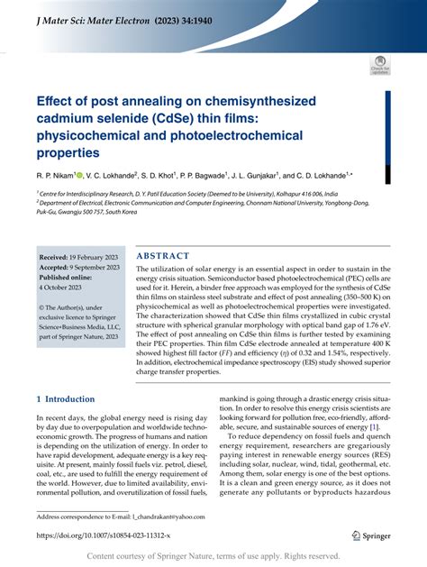 Effect Of Post Annealing On Chemisynthesized Cadmium Selenide Cdse Thin Films Physicochemical