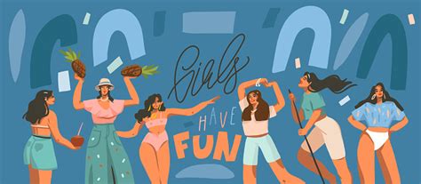 집에서 춤을 추는 젊은 미소 여성과 파란색 콜라주 배경에 고립 된 필기 글자 인용과 손으로 그린 벡터 추상 주식 그래픽 그림 개성 개념에 대한 스톡 벡터 아트 및 기타