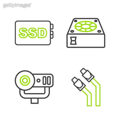 Set Line Lan Cable Network Internet Web Camera Computer Cooler And Ssd Card Icon Vector 이미지