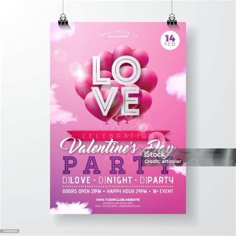 레드 발렌타인 파티 전단지 디자인 풍선 인쇄 술과 분홍색 배경에 구름 들 벡터 축 하 포스터 초대 또는 인사말 카드 서식 파일 2월에 대한 스톡 벡터 아트 및 기타 이미지