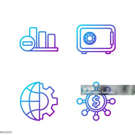 설정 라인 달러 공유 네트워크 지구와 기어의 글로브 원형 차트 인포 그래픽 및 안전 그라데이션 색상 아이콘입니다 벡터 0명에 대한 스톡 벡터 아트 및 기타 이미지 Istock