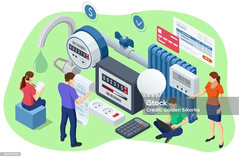 아이소메트릭 온라인 청구서 지불 주택 유틸리티 청구서 지불 서비스 개념 가스 물 전기 공급 에너지 절약 공과금 지불 가정 생활에 대한 스톡 벡터 아트 및 기타 이미지