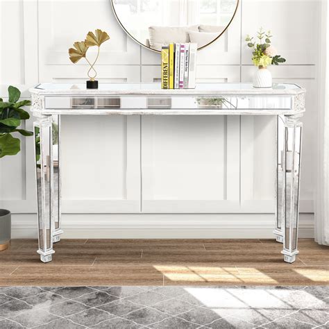 Mirror Console Table For Living Room Vintage Style Solid Wood Frame