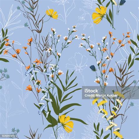 꽃 꽃 매끄러운 패턴입니다 피는 식물 모티프는 무작위로 흩어져 있습니다 현대 다채로운 벡터 텍스처입니다 디티 프린트 패브릭 손으로 그린 야생 초원 꽃과 파란색 배경에 실루엣