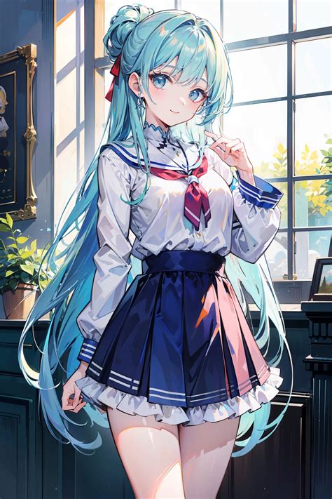Anime Girl With Long Blue Hair And A Blue Dress Seaart Ai