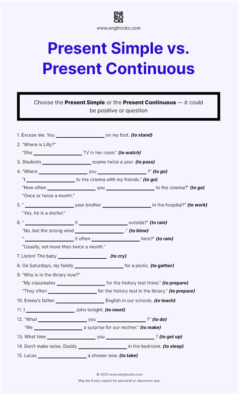 Present Simple Vs Present Continuous Exercises Elementary Le