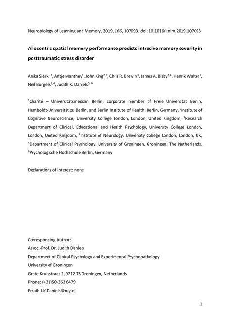 Pdf Allocentric Spatial Memory Performance Predicts Intrusive Memory