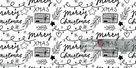 낙서 스타일의 크리스마스 레터링 패턴 크리스마스 이음새가 없는 패턴 윤곽선을 한 줄로 표시합니다 흰색 배경에 패션 패턴 스케치