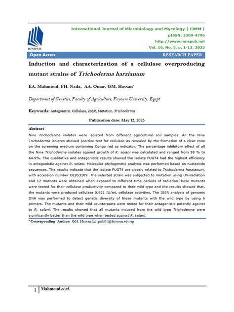 Induction And Characterization Of A Cellulase Overproducing Mutant Strains Of Trichoderma